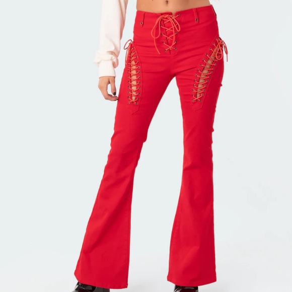 Pants & Jumpsuits | Edikted Red Lace Up Boot Cut Pants | Poshmark